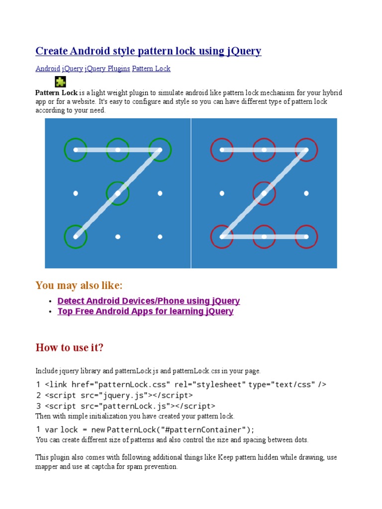 jQuery Android Pattern Lock Plugin | PDF