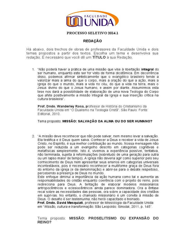 REDACAO Faculdade Unida | PDF | Salvação | Jesus