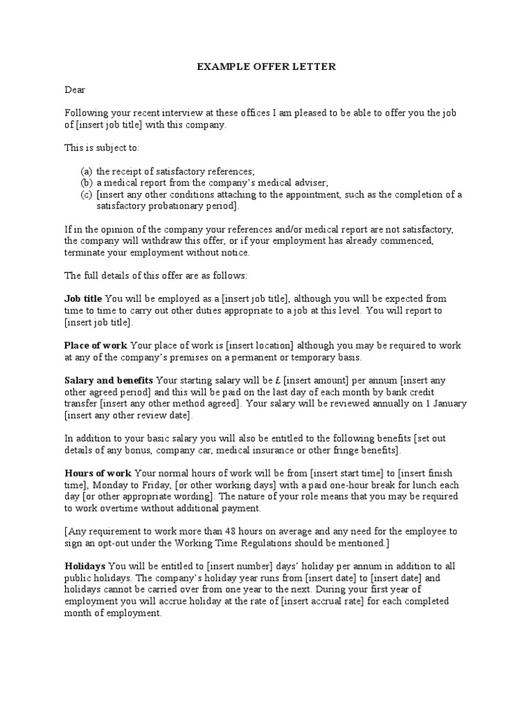 Example Offer Letter | PDF | Employee Benefits | Employment