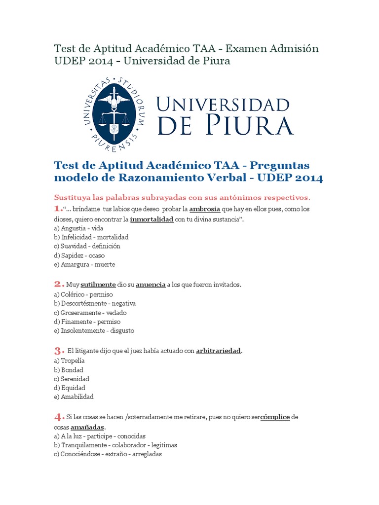Test de Aptitud Académico Universidad de Piura 2014 | PDF | Registro LP ...