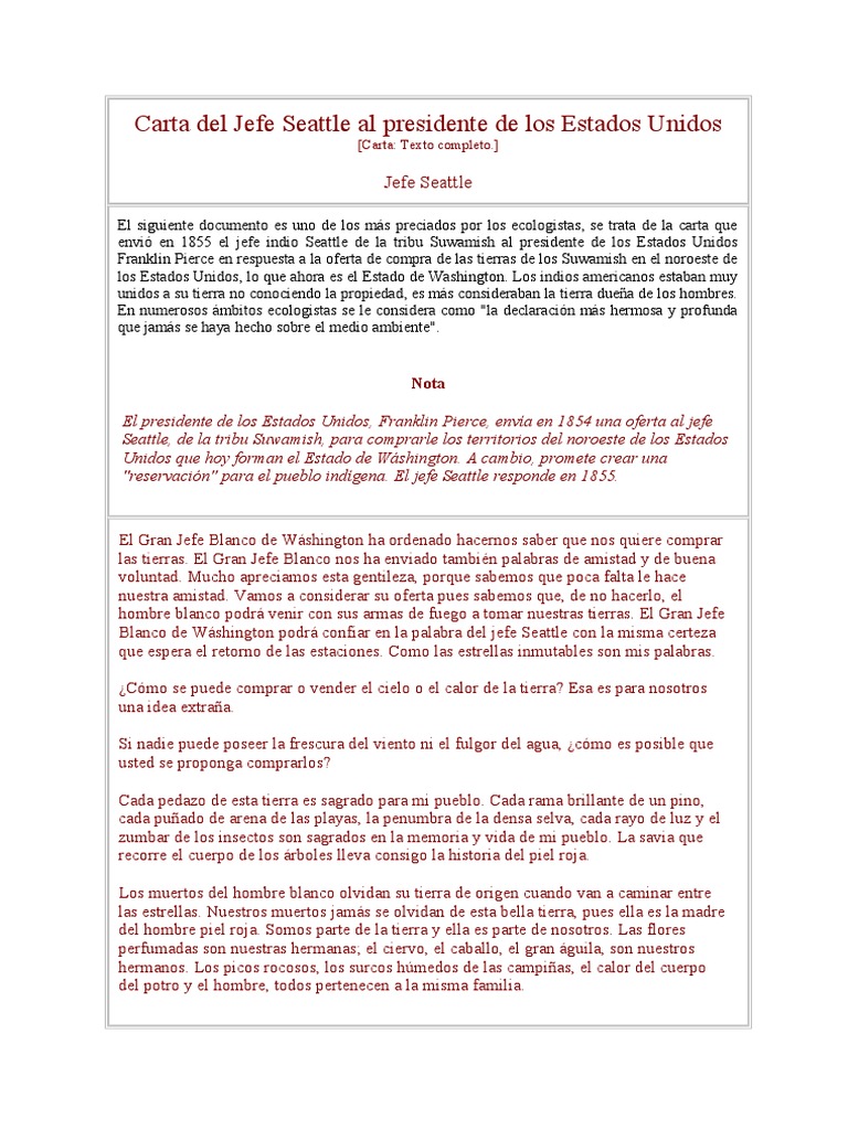 Carta Del Jefe Seattle Al Presidente de Estados Unidos | PDF | Religión ...