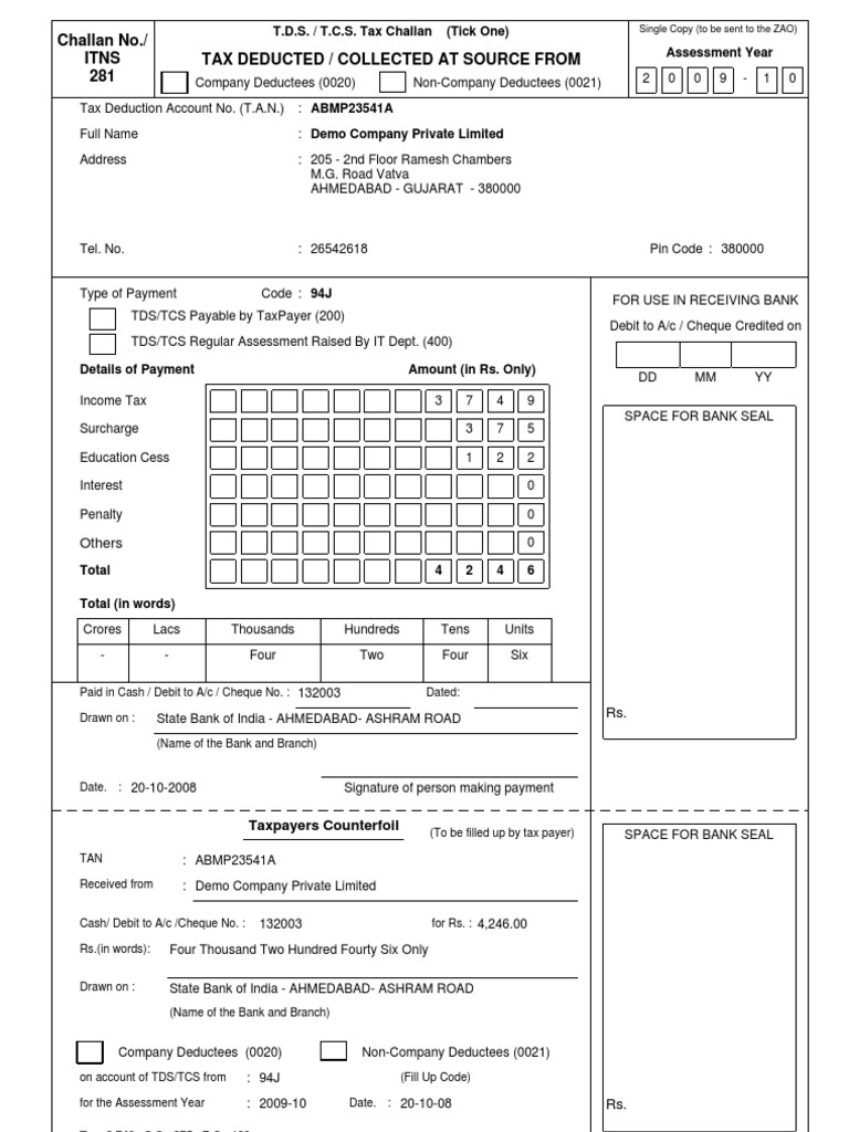 TDS Challan ITNS 281 Instructions | PDF | Payments | Cheque