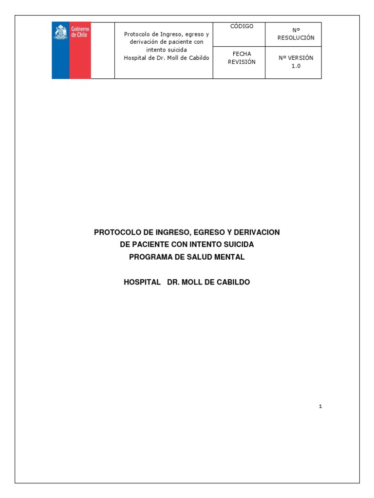Protocolo de Ingreso, Egreso y Derivacion Paciente Intento Suicida | PDF | Suicidio | Hospital