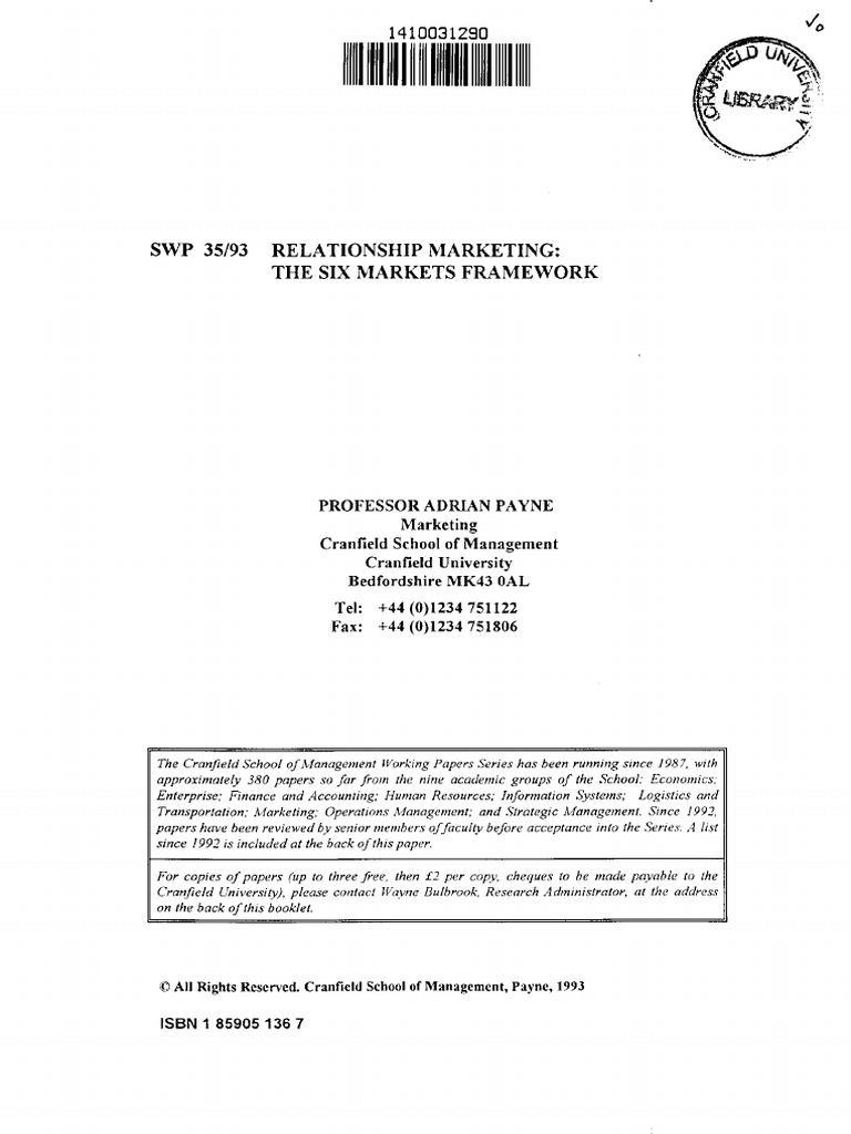 Relationship Marketing - The 6 Markets - Payne | PDF