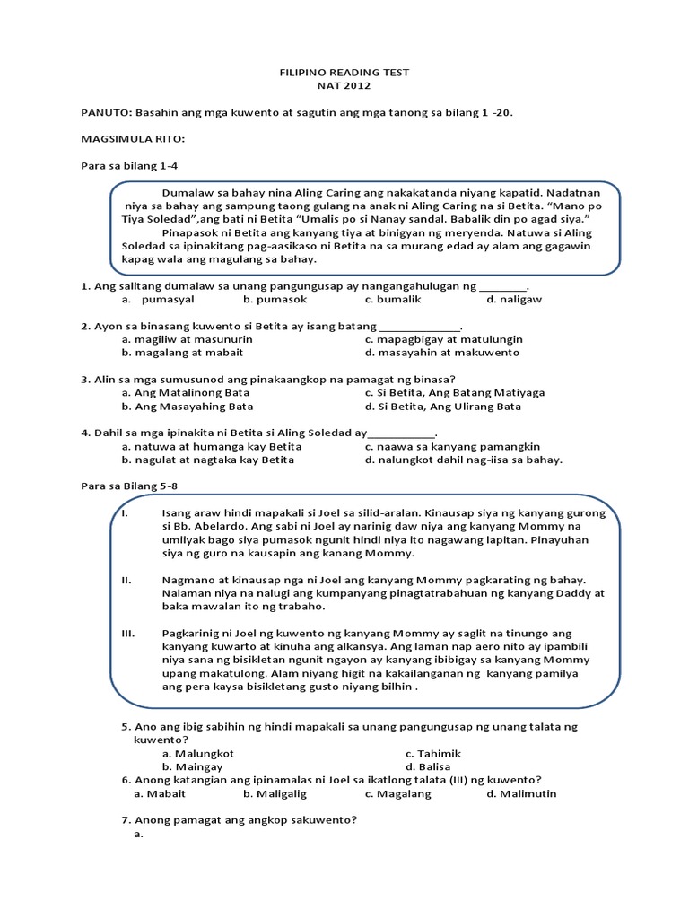 Filipino Reading Test | PDF