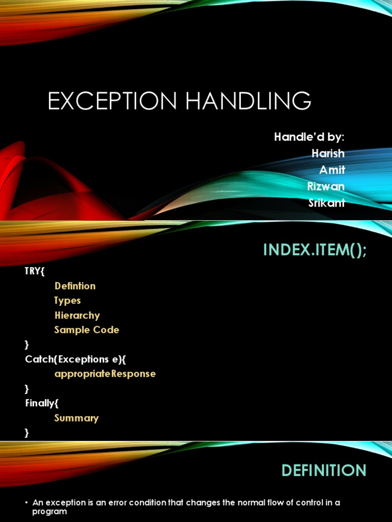 Exception Handling: Handle'd By: Harish Amit Rizwan Srikant | PDF | Java (Programming Language ...