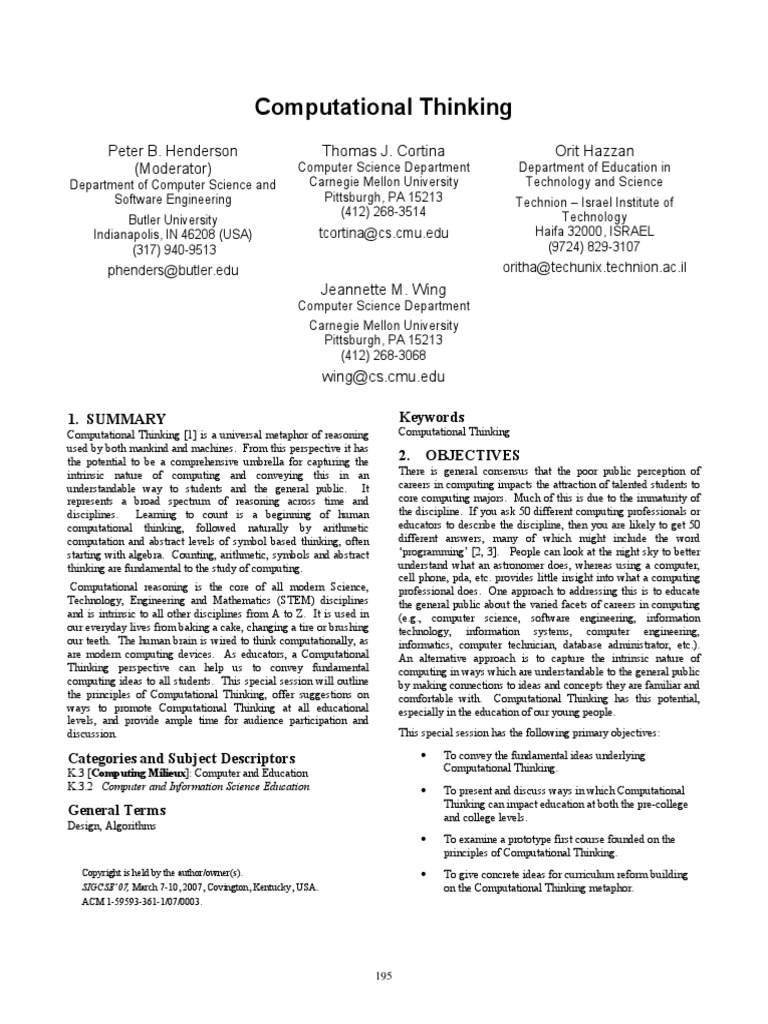 Computational Thinking: Peter B. Henderson (Moderator) Thomas J. Cortina Orit Hazzan | PDF ...