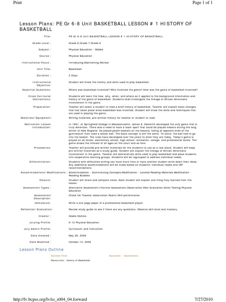 Lesson Plans: Pe GR 6-8 Unit Basketball Lesson # 1 History of ...