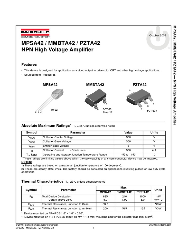Mpsa42 / Mmbta42 / Pzta42 NPN High Voltage Amplifier: Features | PDF ...