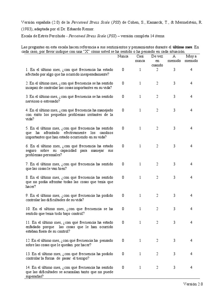 PSS 14 Escala Estrés Percibido | Sistema nervioso autónomo | Metafísica ...