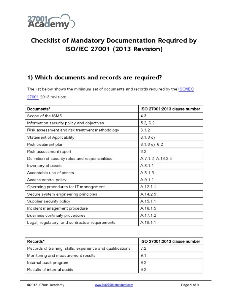 Checklist of Mandatory Documentation Required by ISO 27001 2013 | PDF ...