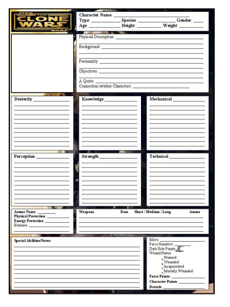 Star Wars Mod Character Sheet | PDF | Tabletop Games | Gaming