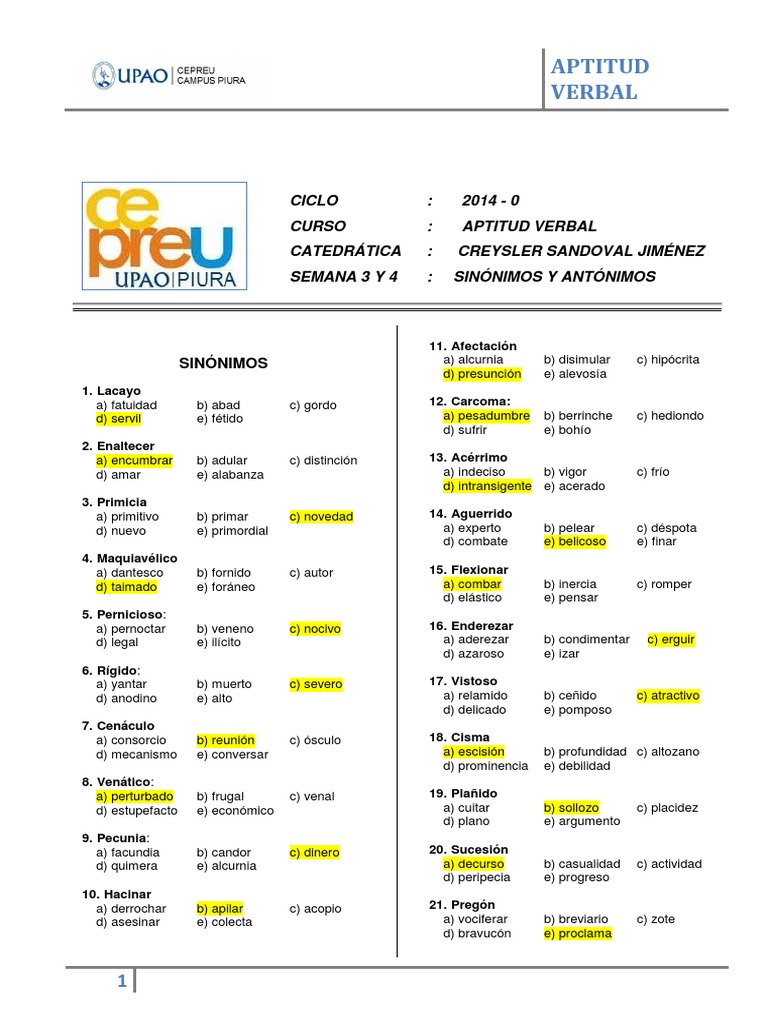 Sinónimos y Antónimos Cepre Upao 2014 | PDF | Salud y bienestar | Medicina