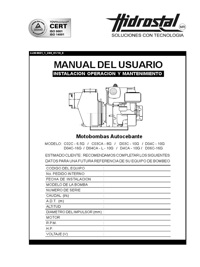 Manual de instrucciones para la instalación, operación y mantenimiento de motobombas ...