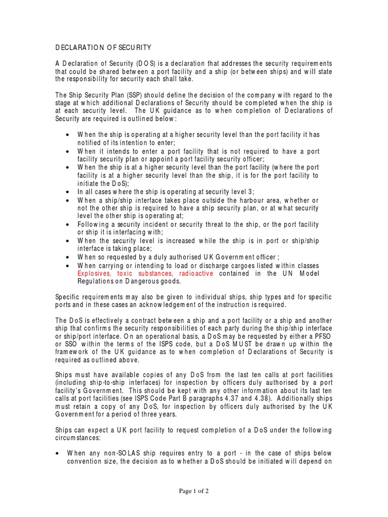Declaration of Security: Explosives, Toxic Substances, Radioactive ...