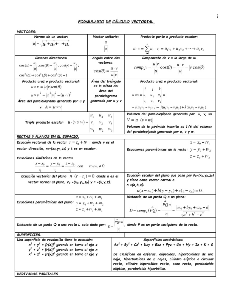 Formulario de Cálculo Vectorial | Vector Euclidiano | Integral