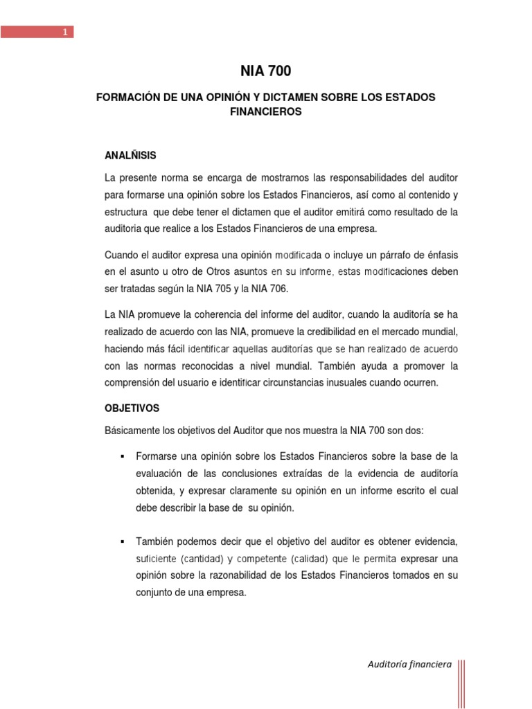 Dictamen del Auditor según NIA 700 | PDF | Auditoría financiera | Contralor