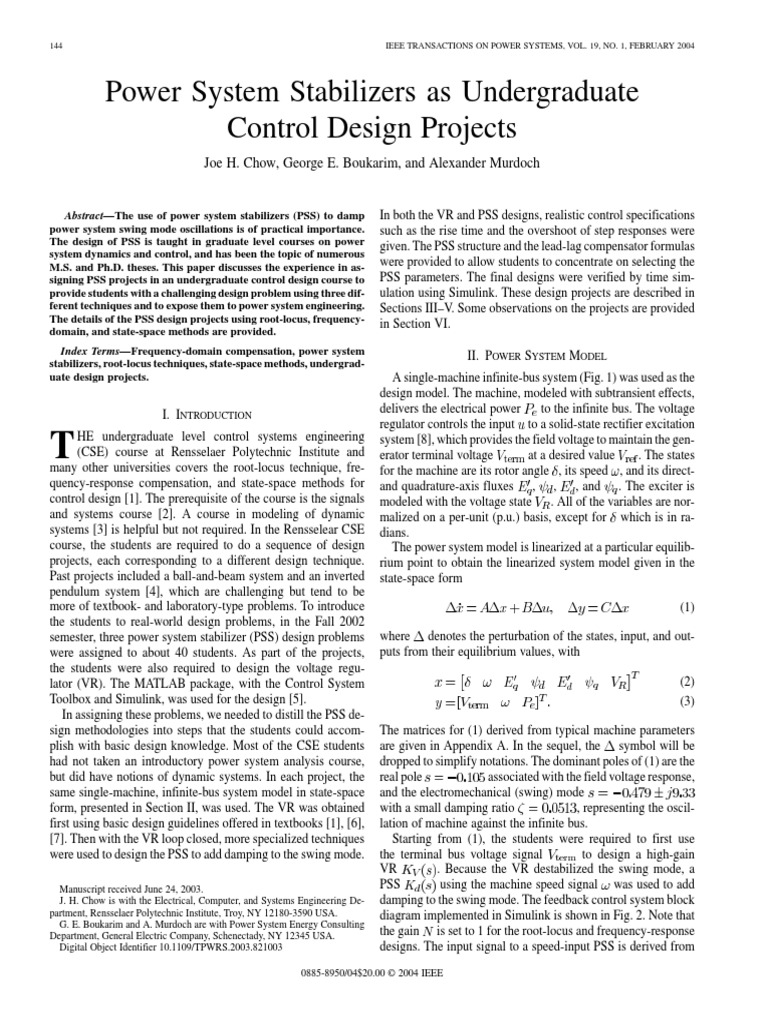 Power System Stabilizers As Undergraduate Control Design Projects | PDF | Control Theory | Feedback