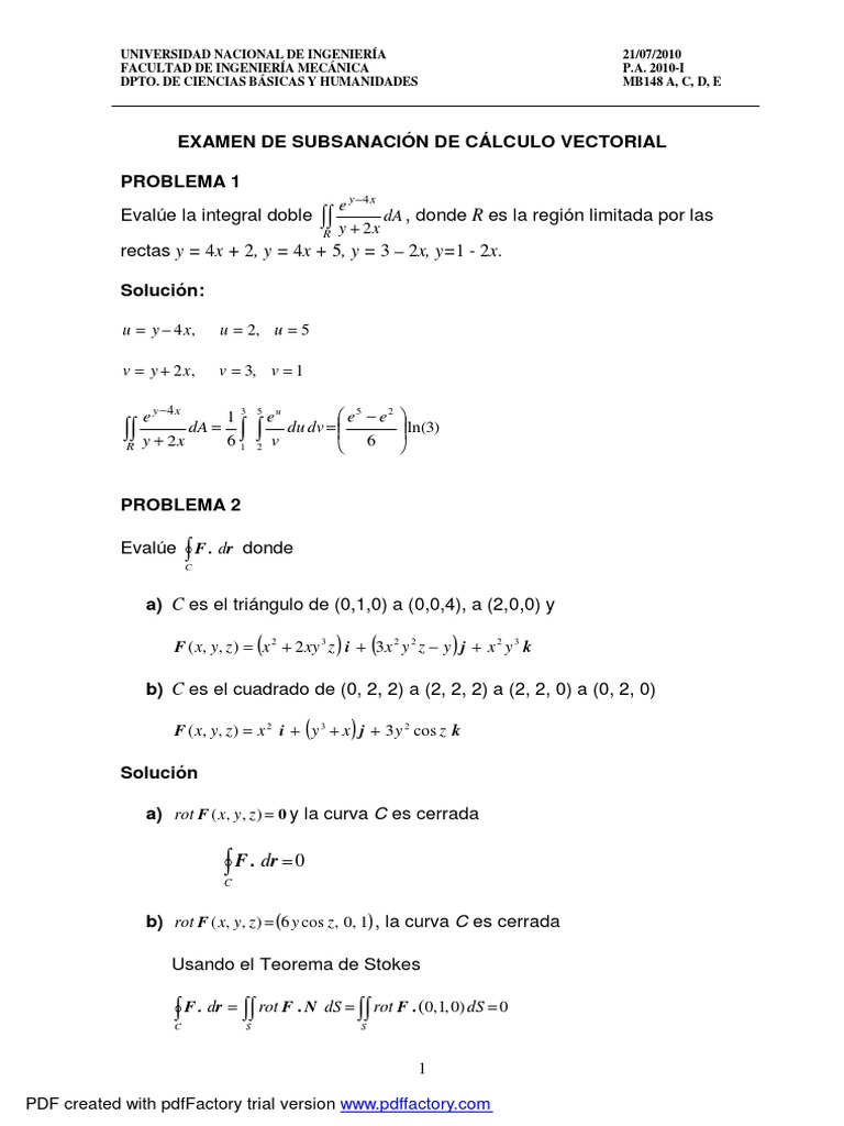 Calculo Vectorial Examen Sustitutorio y Solucionario UNI 2010 1 | PDF