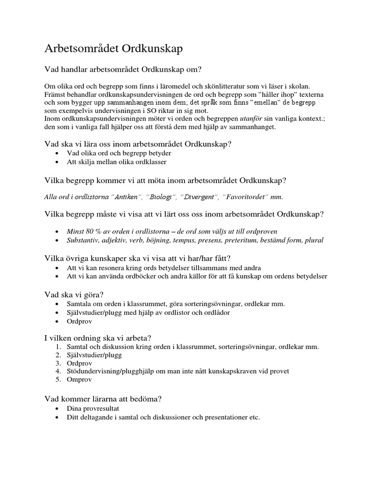 Pedagogisk Planering - Ordkunskap - Elevversion | PDF