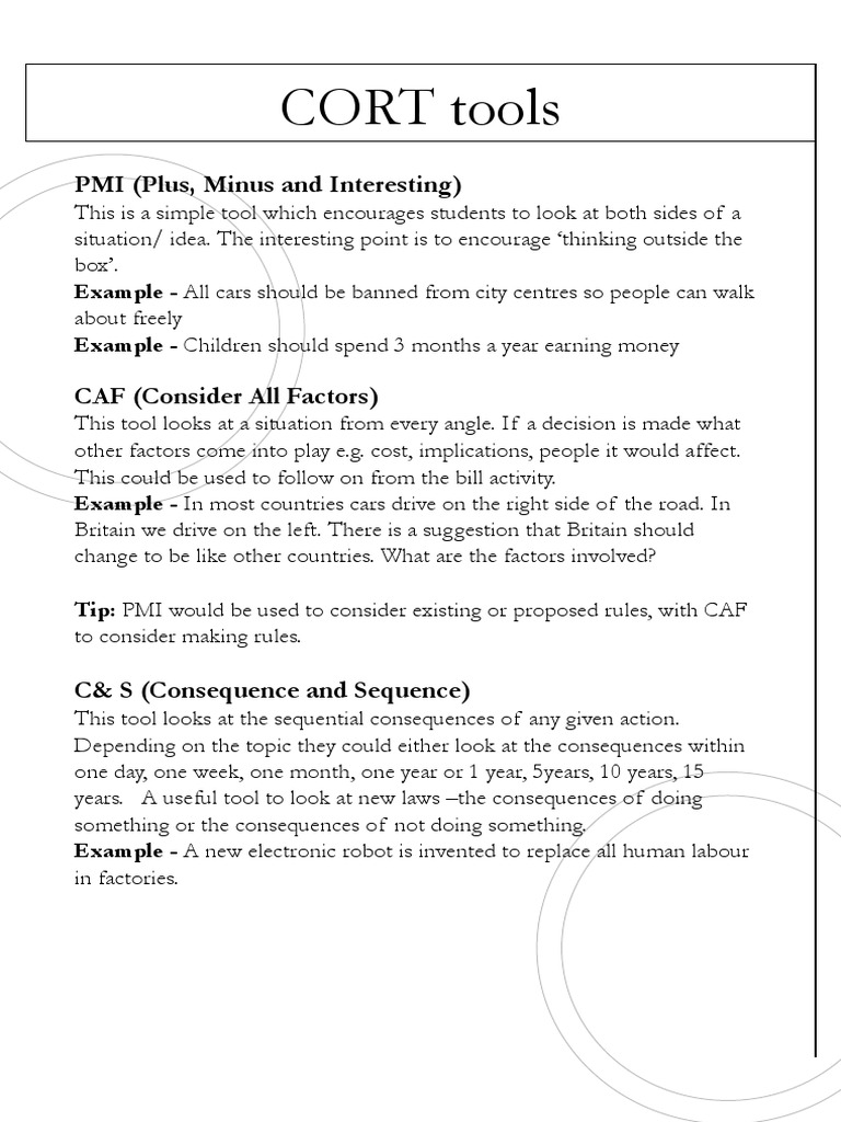 CORT Tools: PMI (Plus, Minus and Interesting) | PDF | Cognitive Science ...