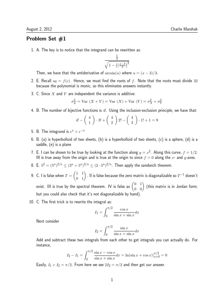Problem Set Solutions | PDF | Eigenvalues And Eigenvectors | Matrix (Mathematics)
