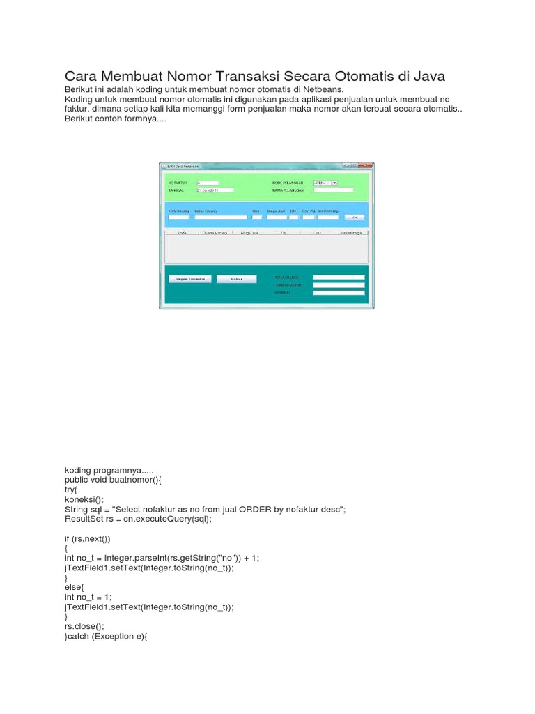 Cara Membuat Nomor Transaksi Secara Otomatis Di Java | PDF | Komputer