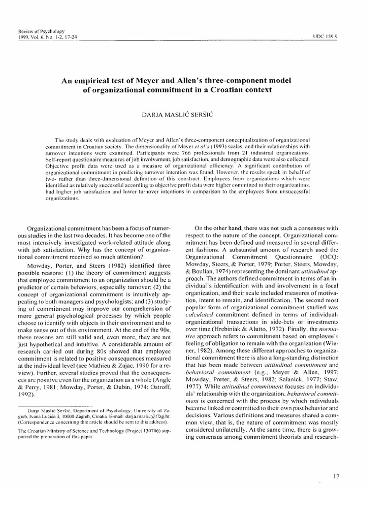 Meyer and Allen's Three Component Model of Organizational Commitment | PDF