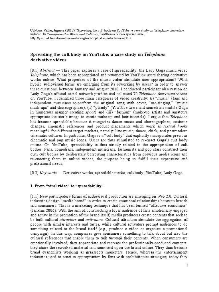 Spreading The Cult Body On YouTube: A Case Study of "Telephone ...