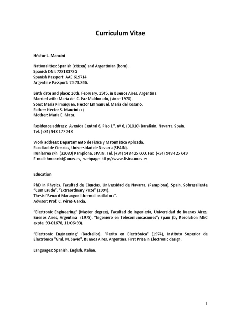 Curriculum Vitae: Héctor L. Mancini | PDF | Laser | Chaos Theory