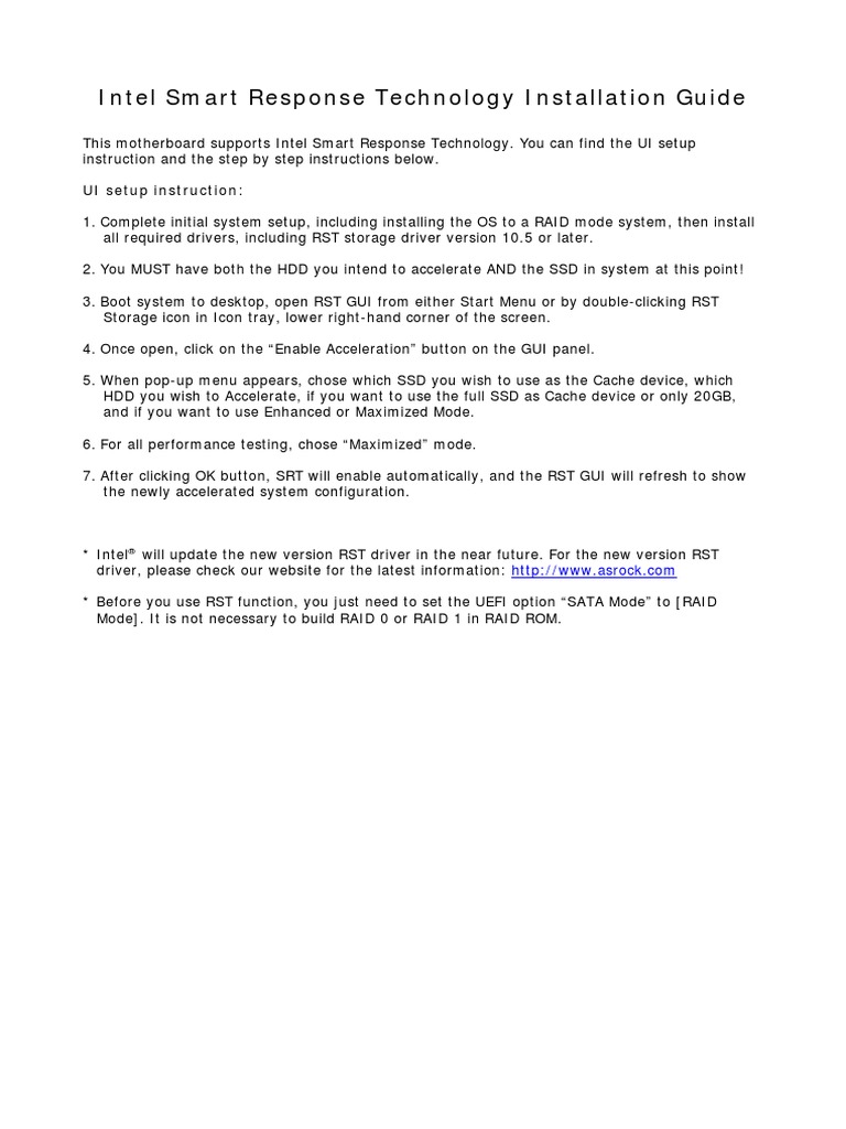 Intel Smart Response Technology Installation Guide: UI Setup ...
