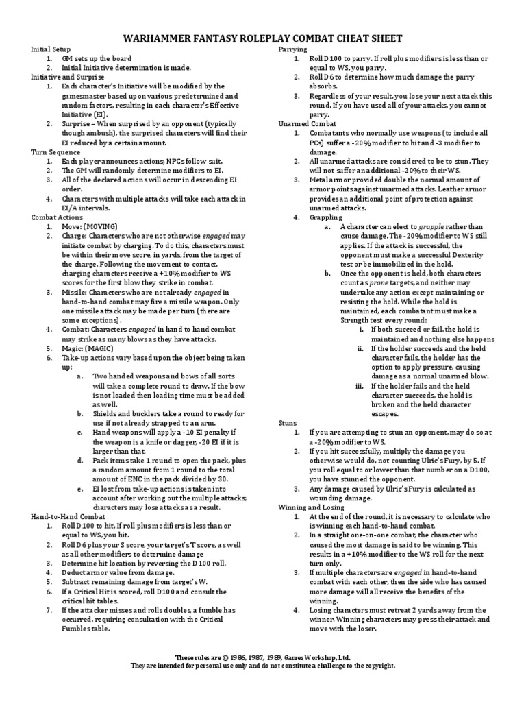 WFRP1 Combat Cheat Sheet | PDF | Wound | Surgery