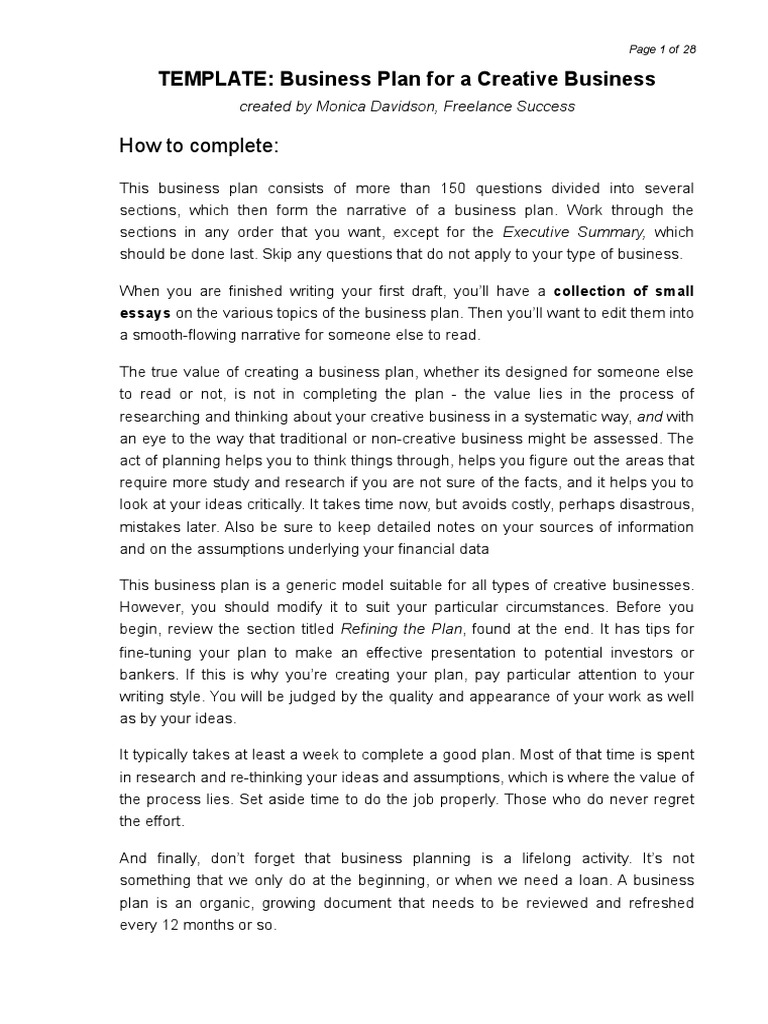 How To Complete:: TEMPLATE: Business Plan For A Creative Business | PDF ...