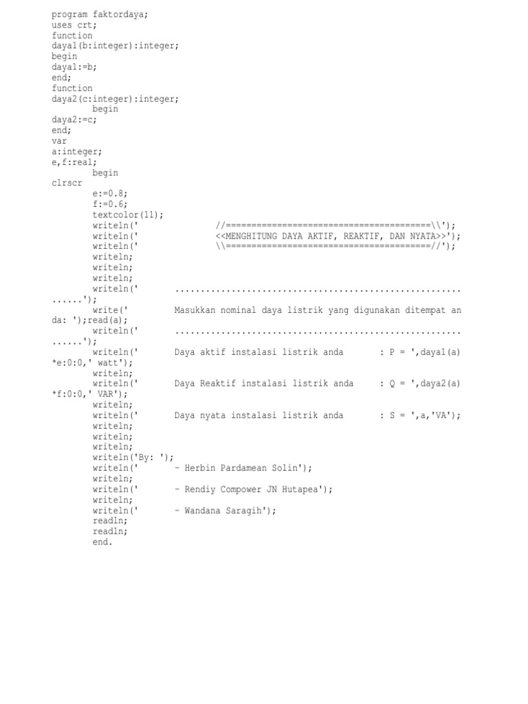 Program Pascal Menghitung Faktor Daya | PDF