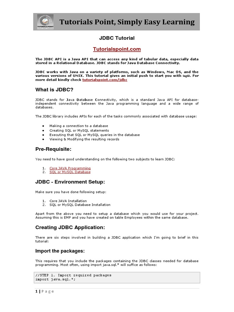 JDBC JDBC Tutorial | PDF | Sql | Databases