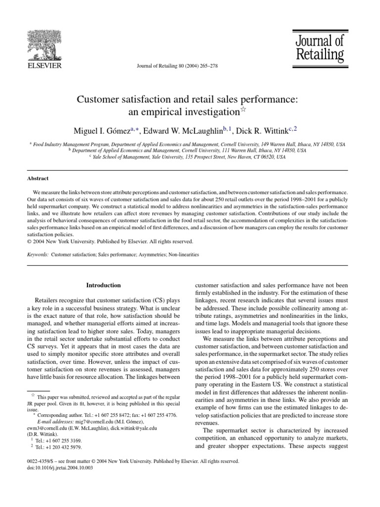 Customer Satisfaction and Retail Sales Performance - An Empirical ...
