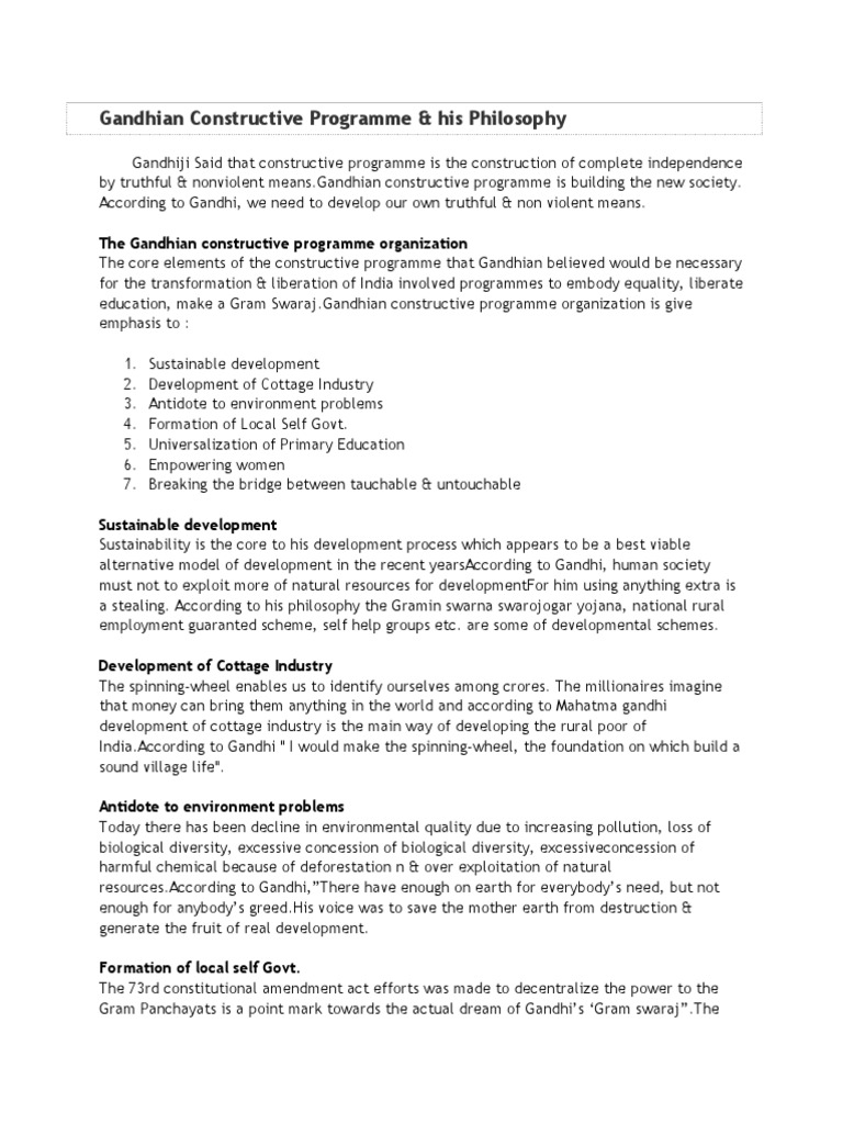 Gandhian Constructive Programme | PDF | Mahatma Gandhi | Nonviolence