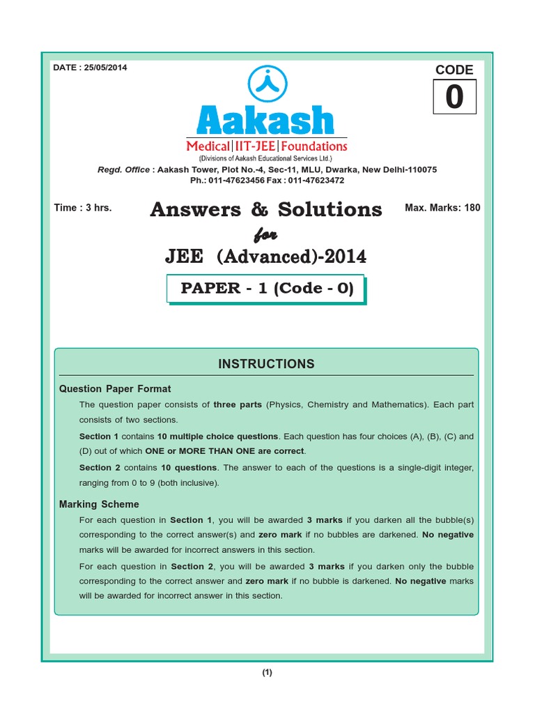 JEE Advanced 2014 Paper Solutions by Aakash | PDF | Acid | Capacitor