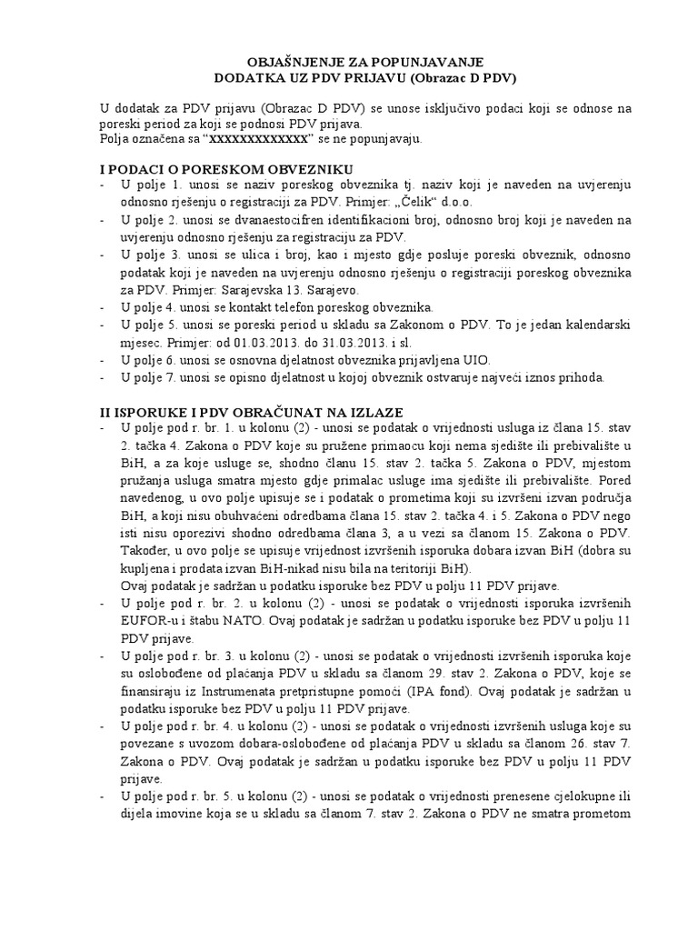 Objasnjenje Za Popunjavanje D PDV Bos | PDF