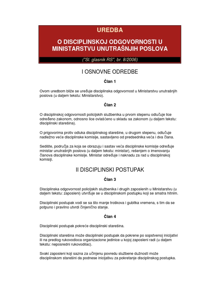 Uredba o Disciplinskoj Odgovornosti U MUP | PDF
