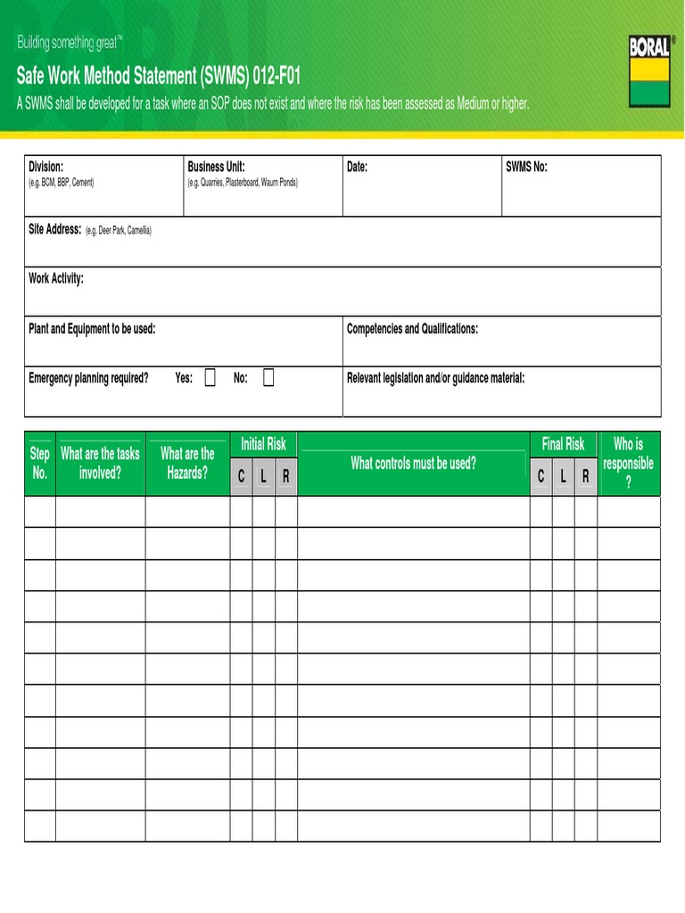 A Comprehensive Safe Work Method Statement for Medium to High Risk ...
