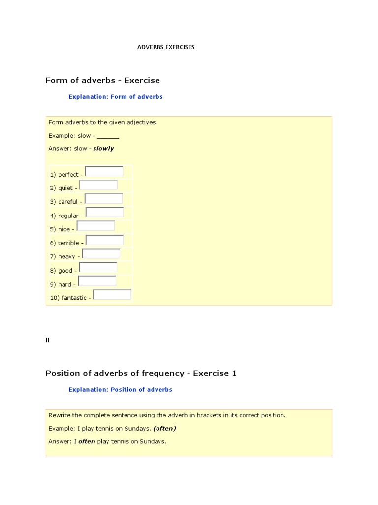 Adverbs Exercises | PDF | Adverb | Syntax