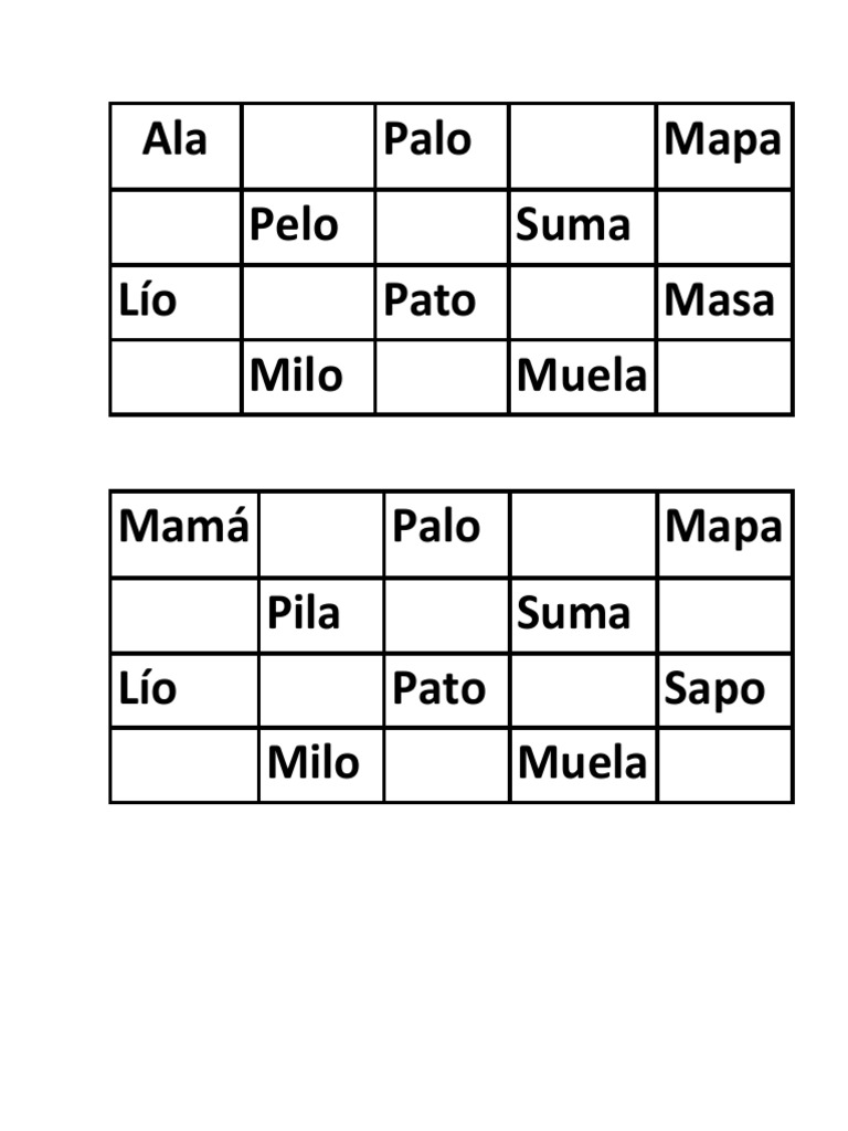Lotería de Palabras para Niños | PDF | Artes del Lenguaje y Comunicación