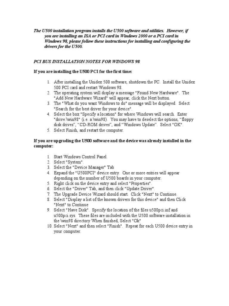 U500 Driver Installation Guide | PDF | Device Driver | Computing Platforms
