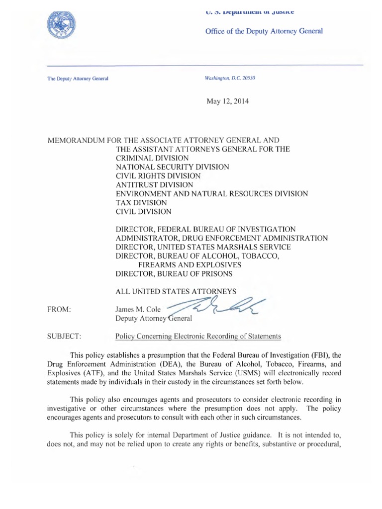 DOJ Memo on New Policy for Recording FBI Interrogations | Remand ...