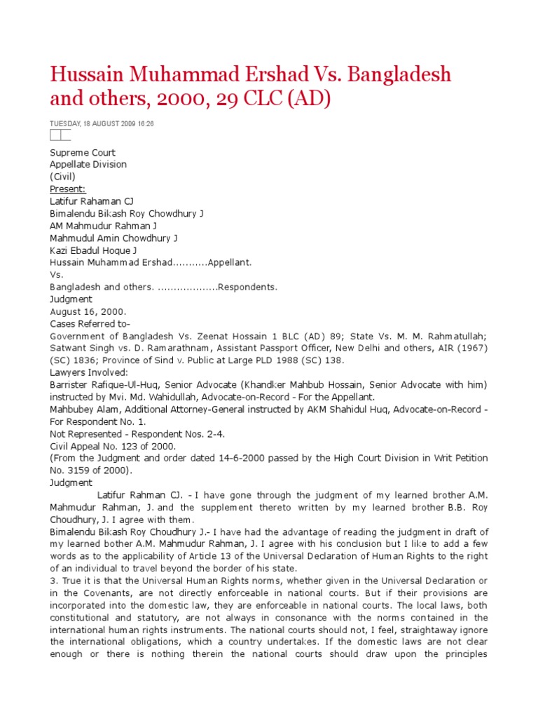 Hussain Muhammad Ershad vs. Bangladesh and Others, 2000, 29 CLC (AD ...