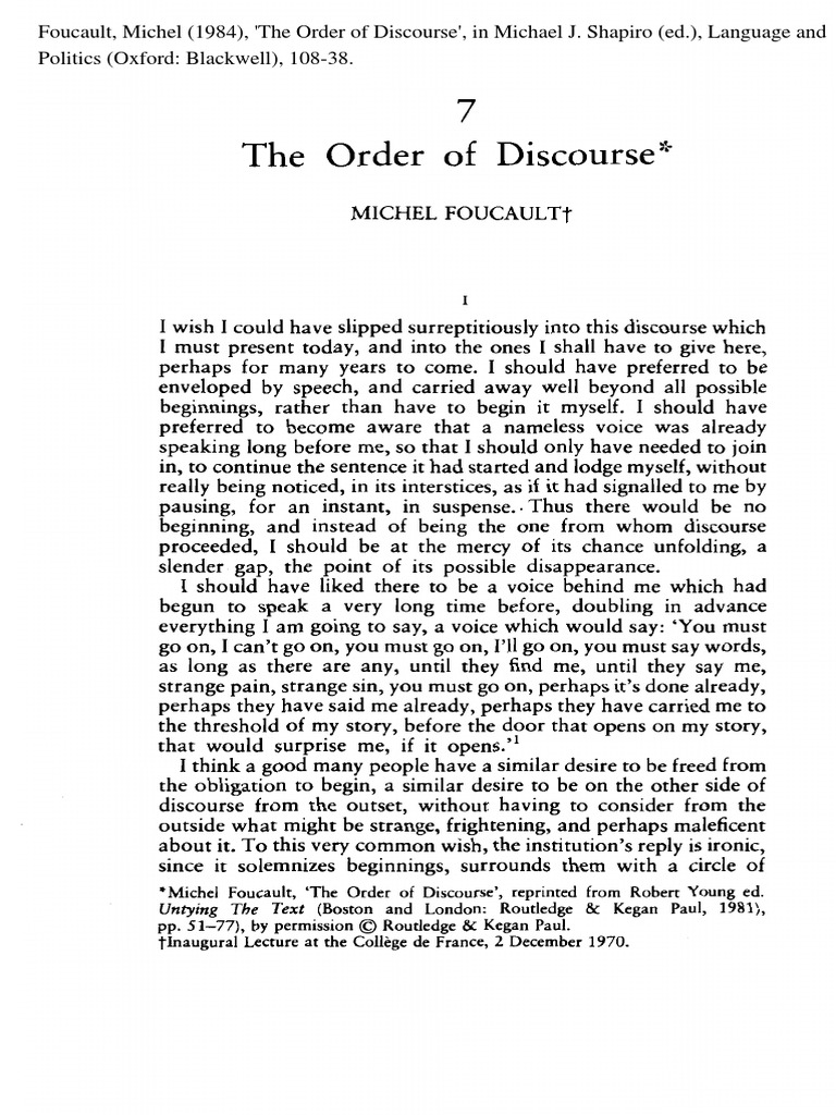 Foucault - The Order of Discourse - 1984 | PDF | Discourse | Exegesis