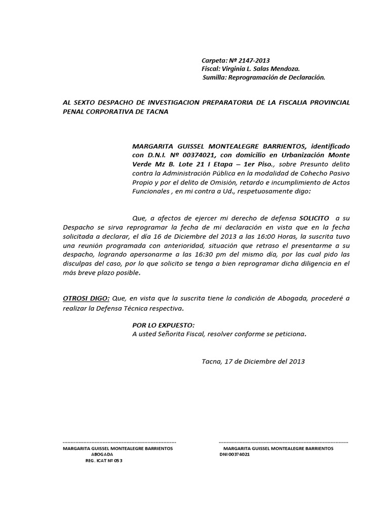 Escrito Solicita Reprogramacion de Declaracion | PDF