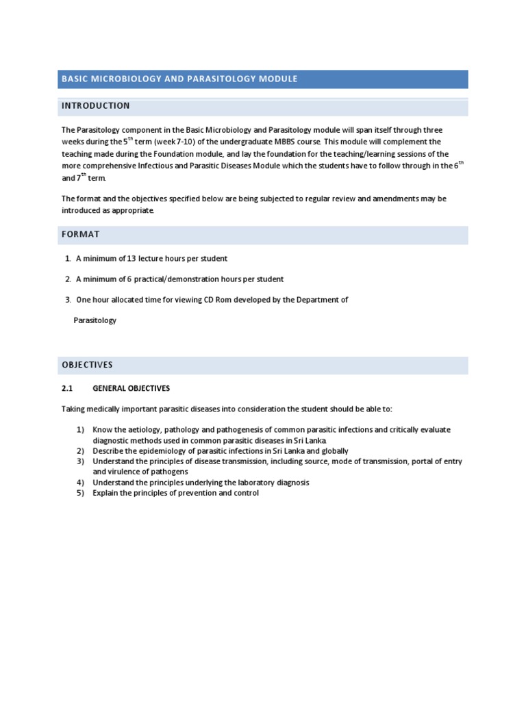 Basic Microbiology and Parasitology Module | PDF | Malaria | Infection