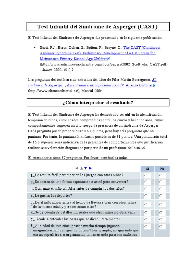 Test Infantil Del Síndrome de Asperger | PDF | Síndrome de Asperger ...